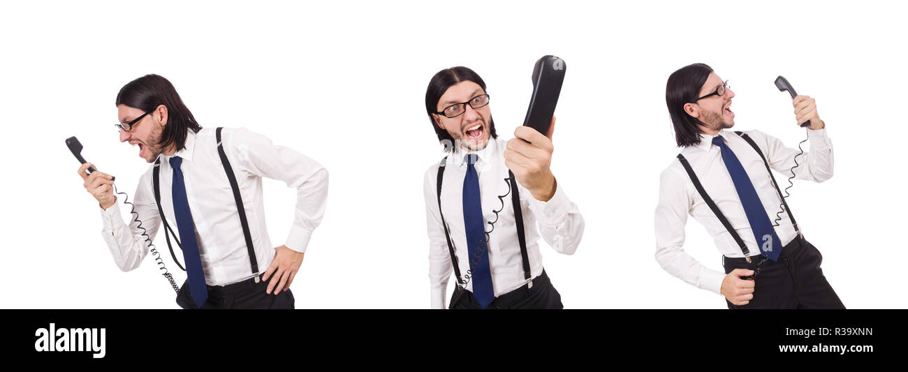 Angry businessman with phone isolated on white Stock Photo - Alamy