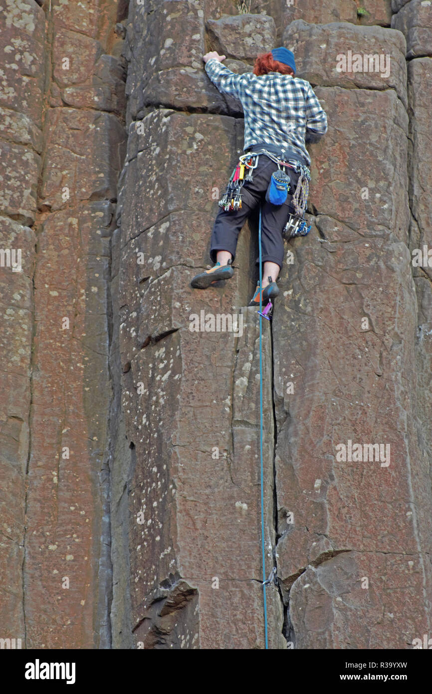 A rock climber works his way to the top of the basalt rock columns at ...