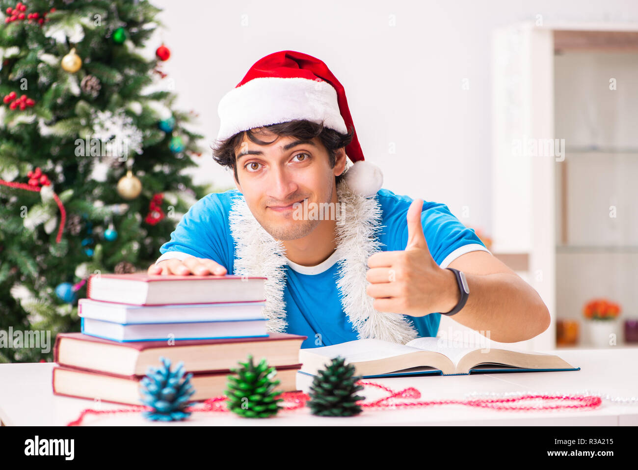 Young student with book at Christmas eve Stock Photo - Alamy