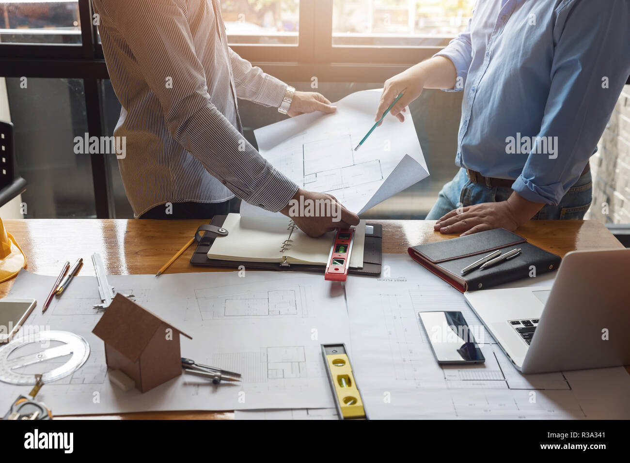 Engineer and Architect concept, Engineer Architects office team working ...