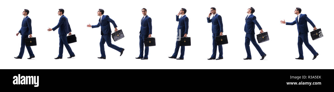 Businessman walking standing side view isolated on white background ...