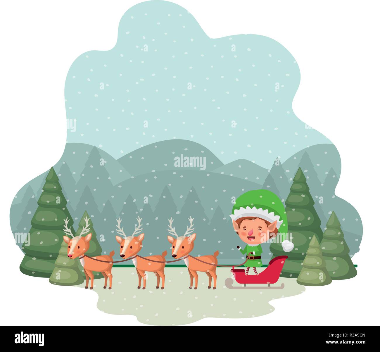 elf with sleigh and christmas trees with falling snow Stock Vector ...