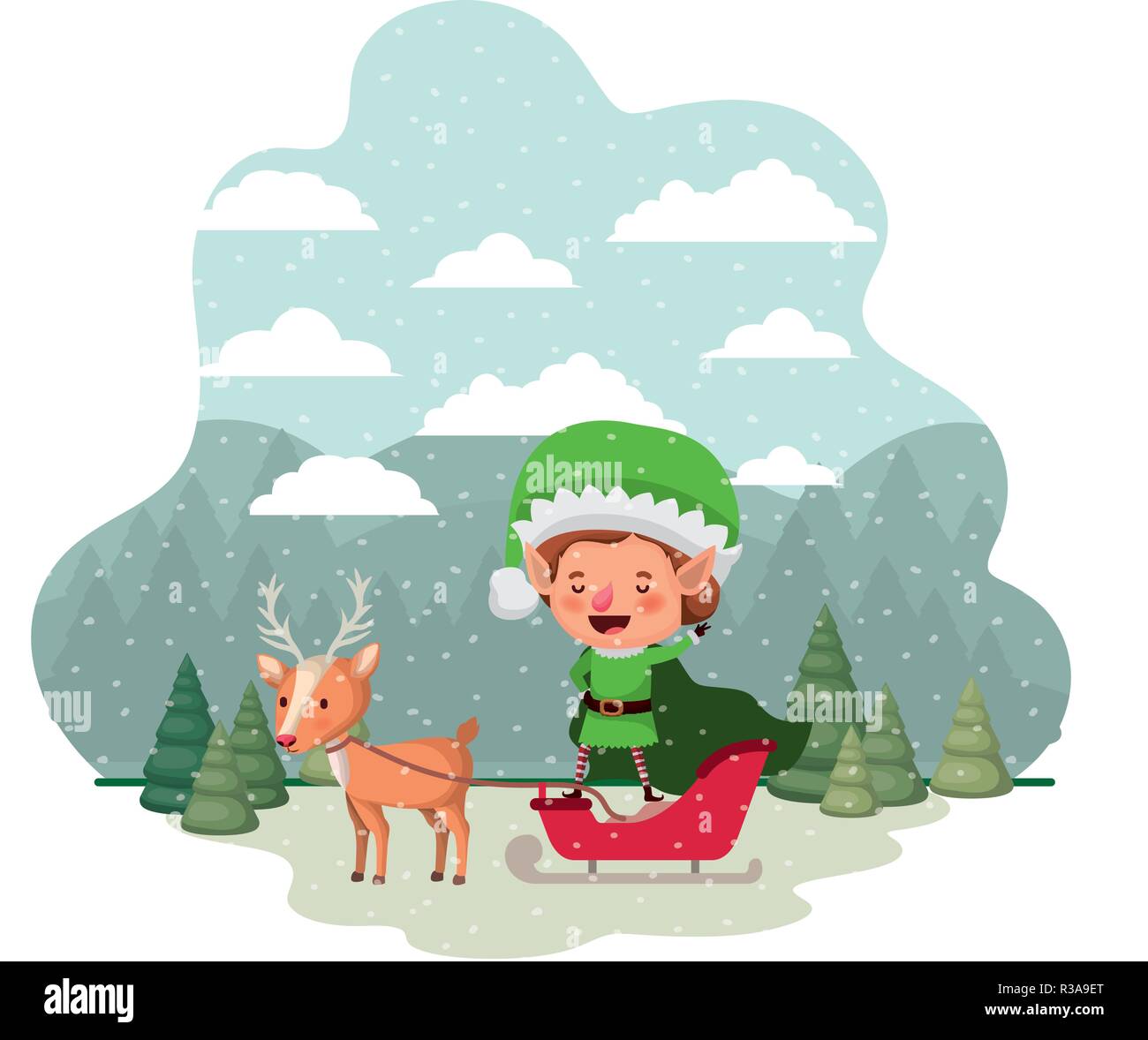 elf with sleigh and christmas trees with falling snow Stock Vector ...