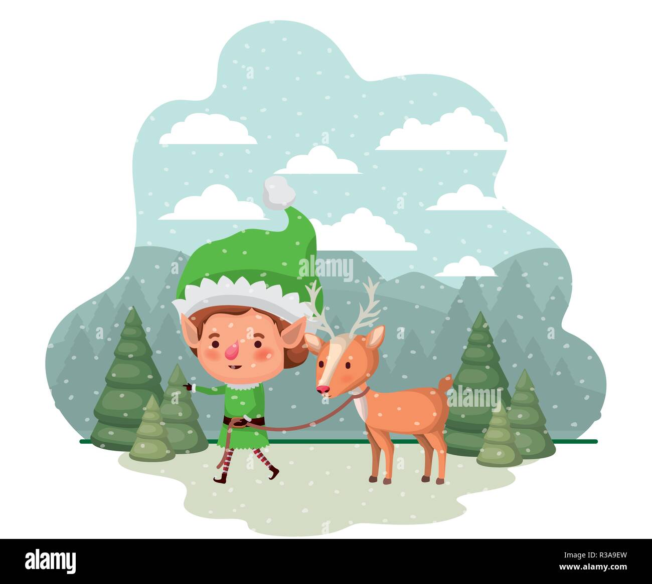 elf with reindeer and christmas trees with falling snow Stock Vector ...