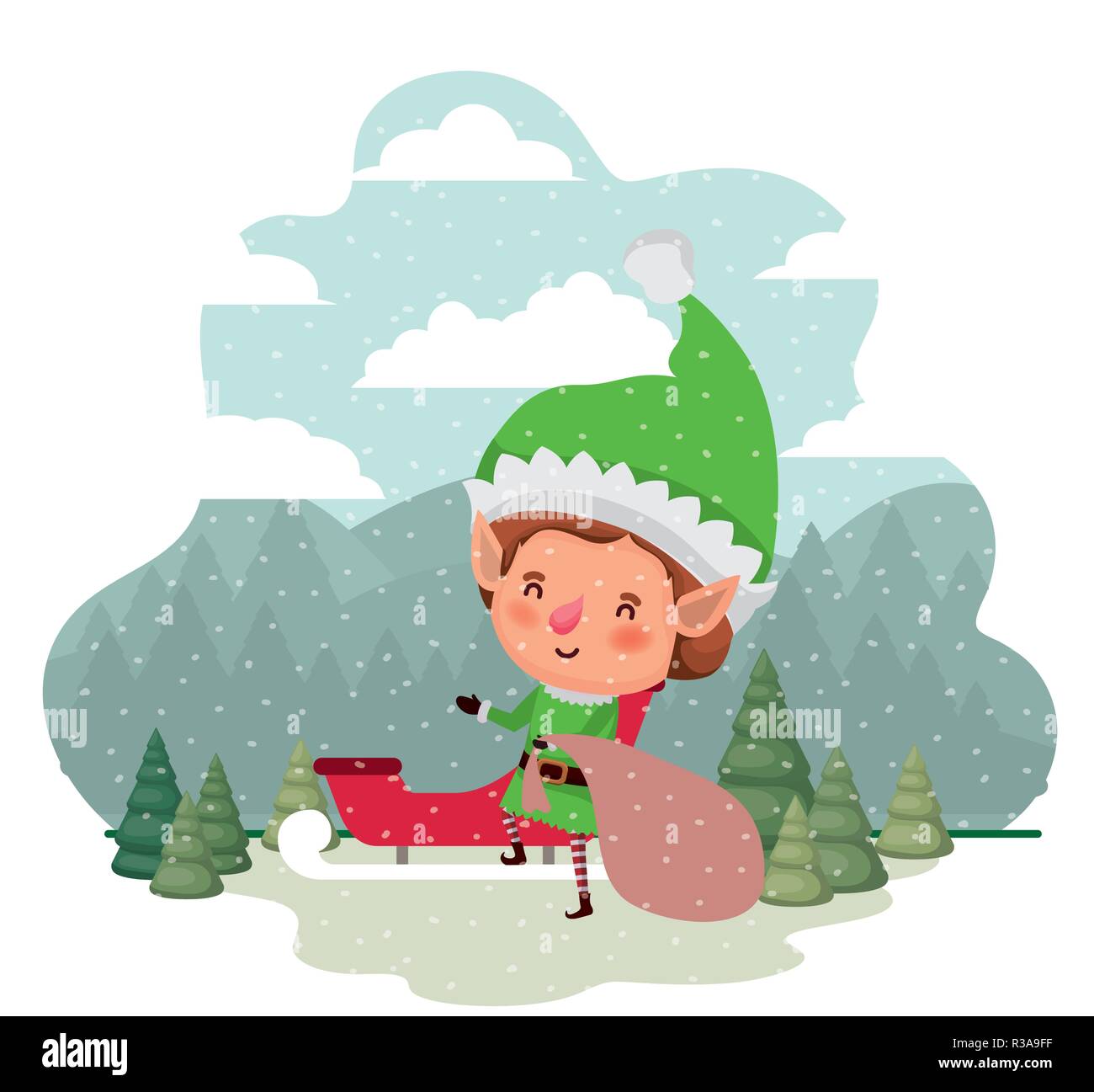 elf with sleigh and christmas trees with falling snow Stock Vector ...