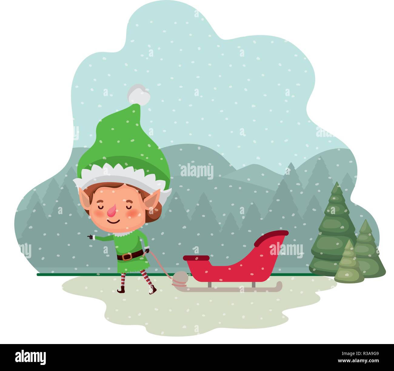 elf with sleigh and christmas trees with falling snow Stock Vector ...