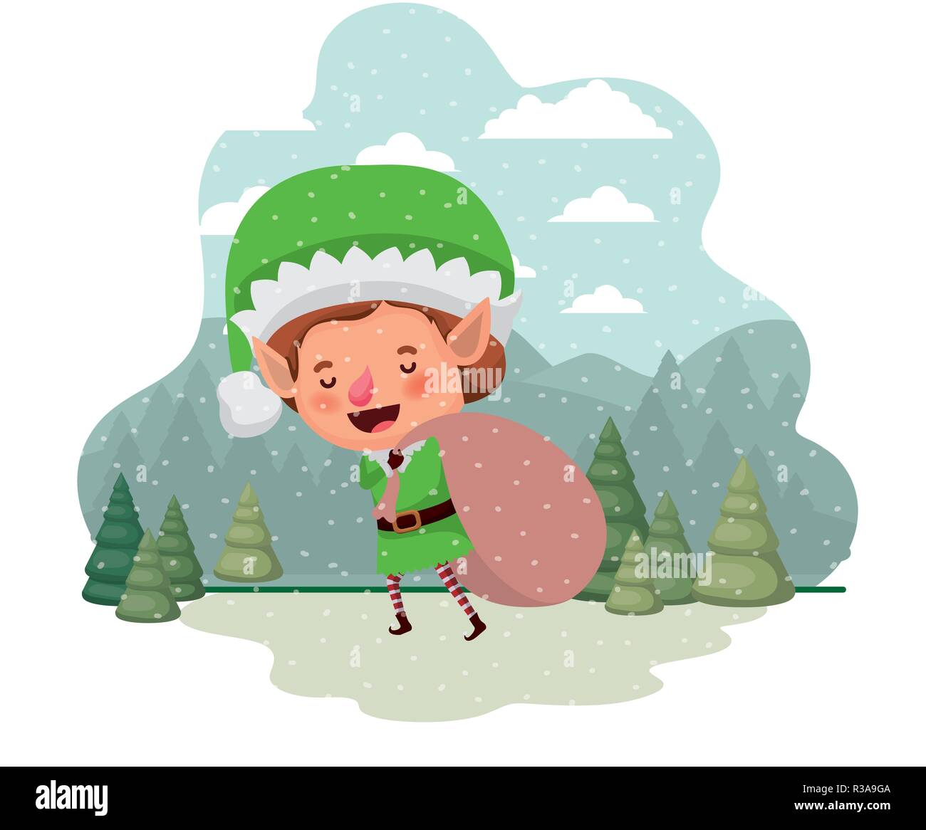elf with gift bag and christmas trees with falling snow Stock Vector ...