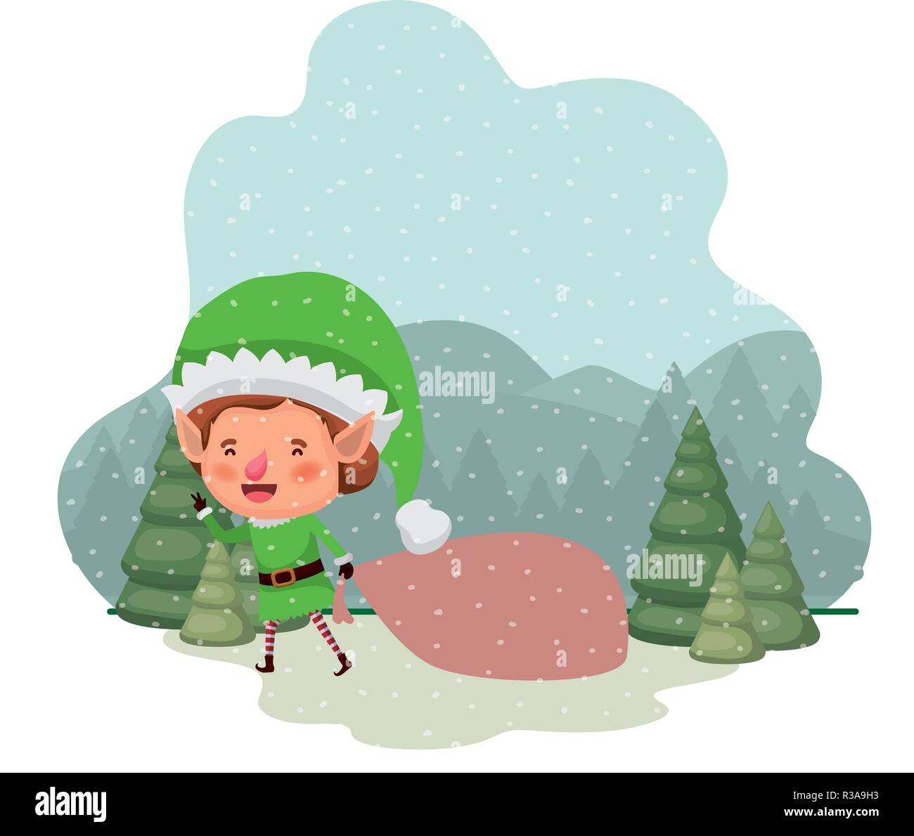 elf with gift bag and christmas trees with falling snow Stock Vector ...