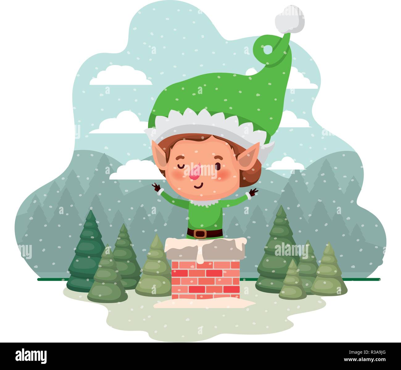 elf with fireplace and christmas trees with falling snow Stock Vector ...