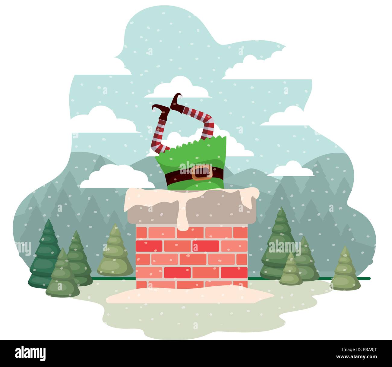 elf with fireplace and christmas trees with falling snow Stock Vector ...