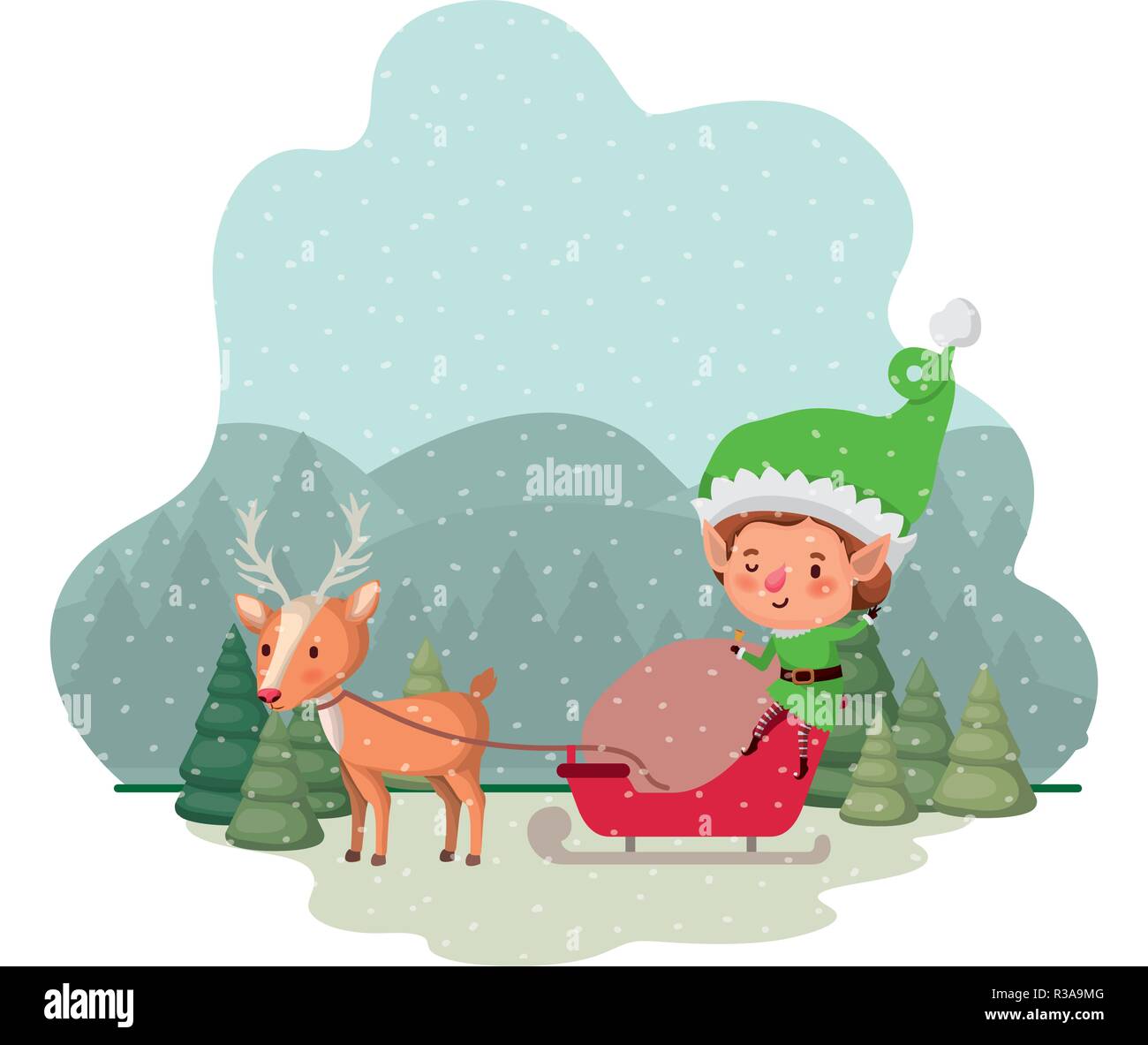 elf with sleigh and christmas trees with falling snow Stock Vector ...