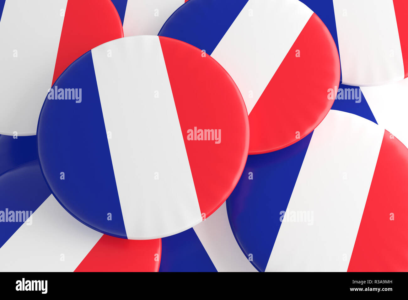 French Tricolor: Pile of France Flag Badges, 3d illustration Stock ...