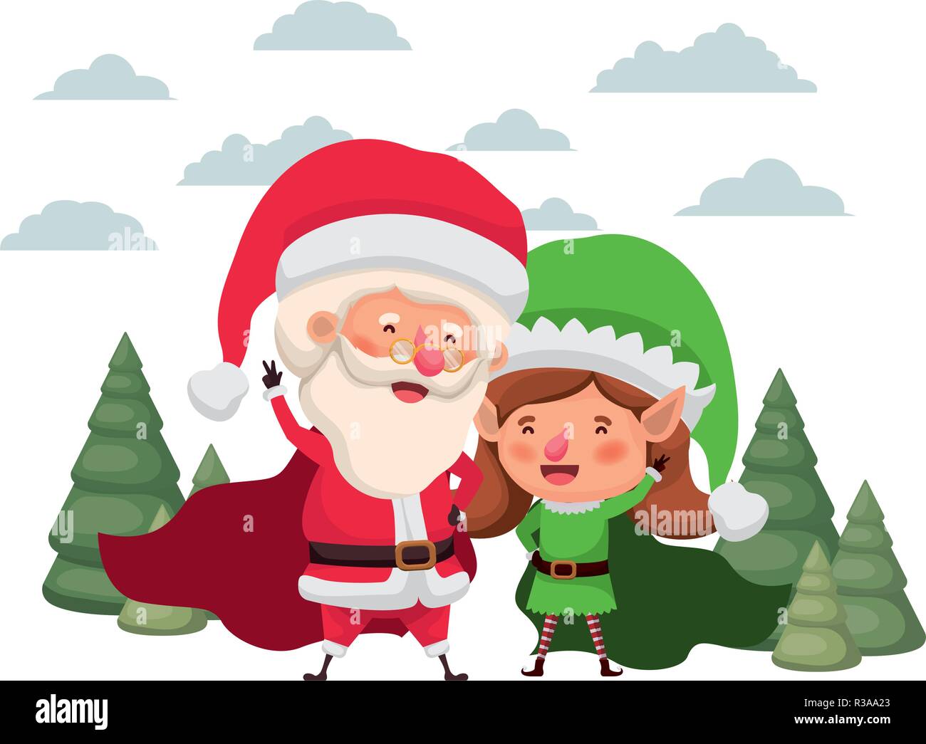 santa claus with elf woman moving with christmas trees Stock Vector ...