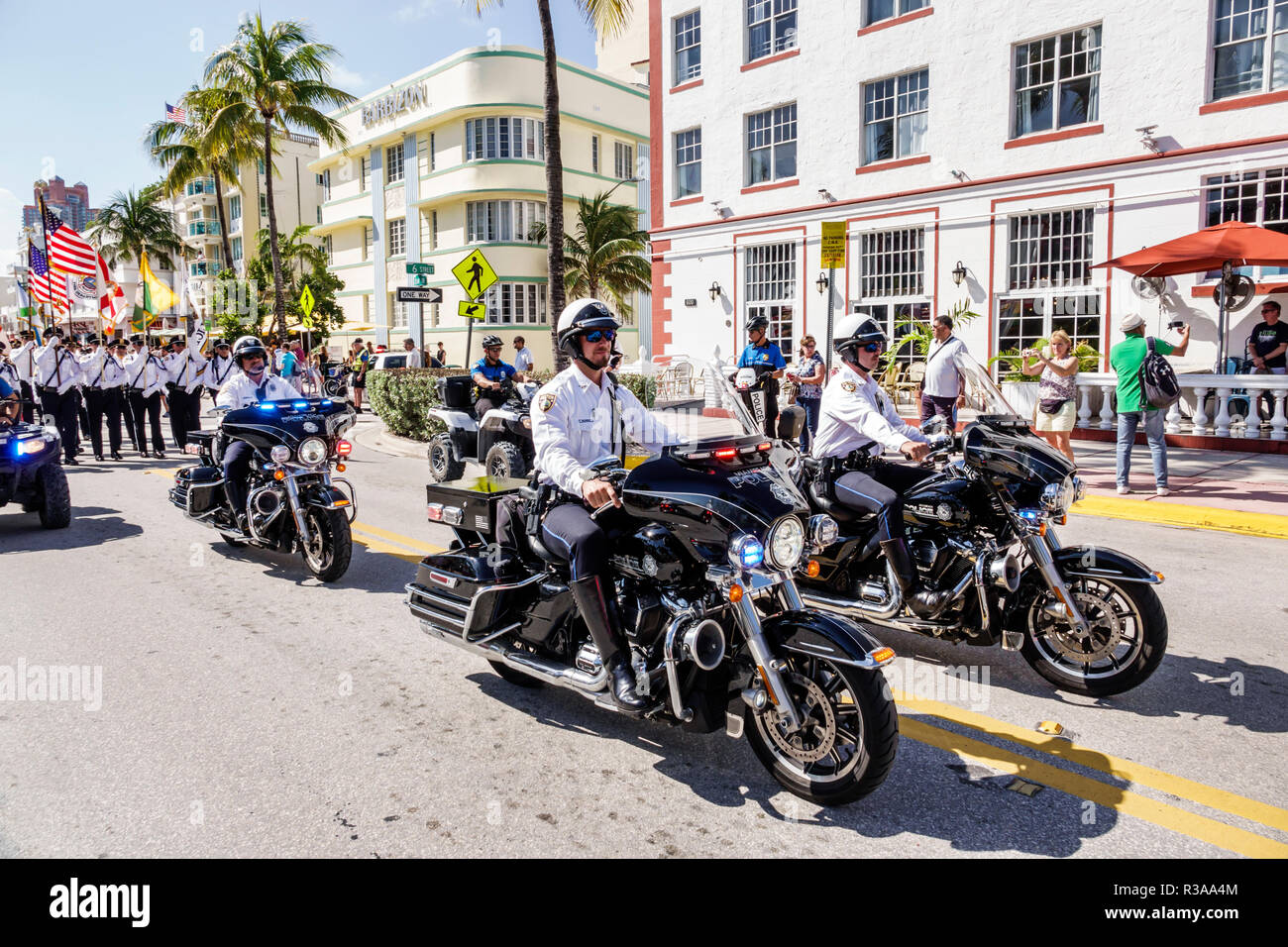 Miami Beach Florida,Ocean Drive,Veterans Day Parade activities,Police ...