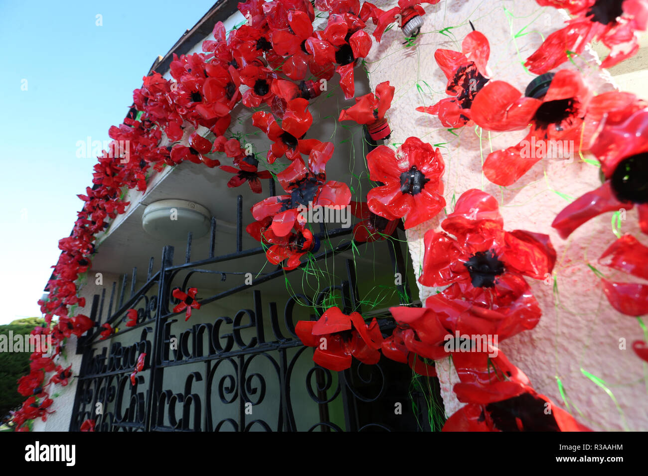 Poppy display on front of the East Beach Evangelical Church in Selsey ...