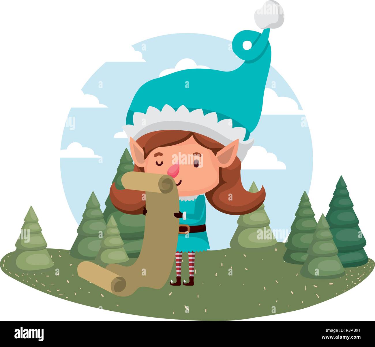 elf woman with list gifts and christmas trees with falling snow Stock ...