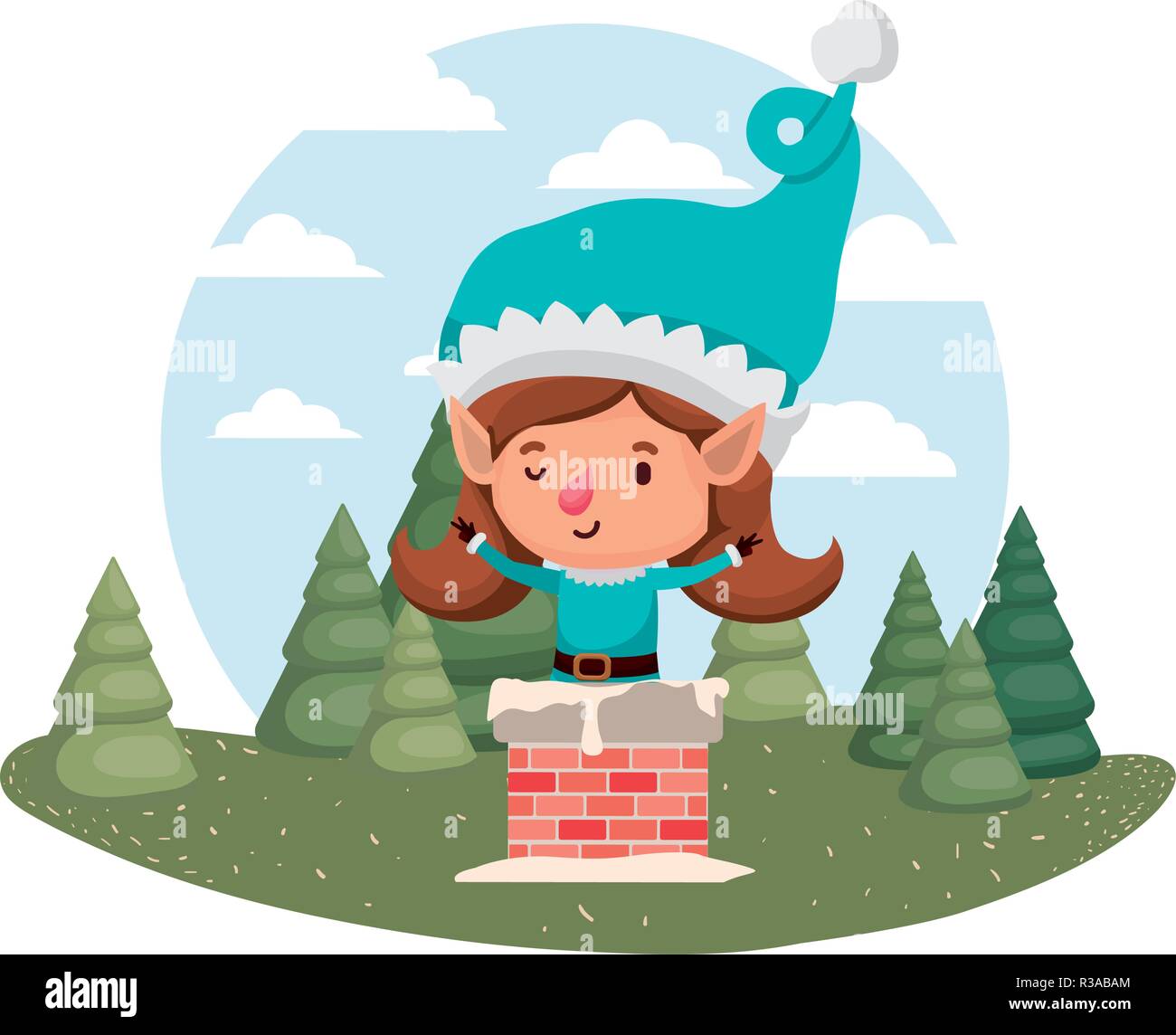 elf woman with fireplace and christmas trees with falling snow Stock ...