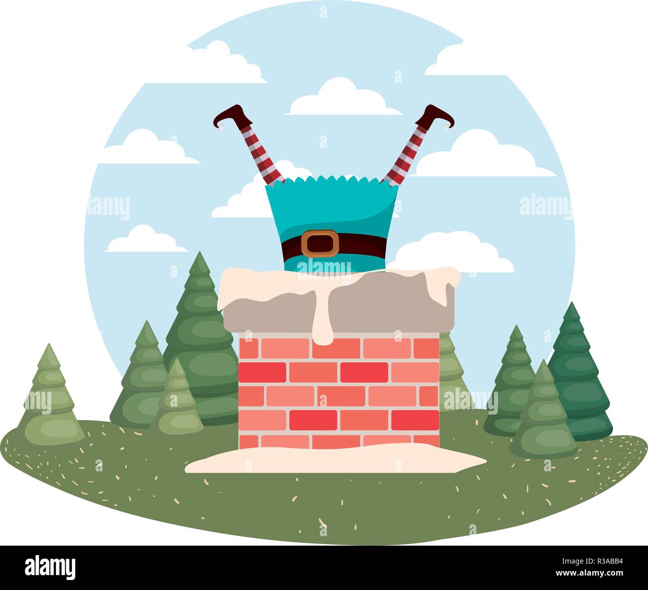 elf woman with fireplace and christmas trees with falling snow Stock ...