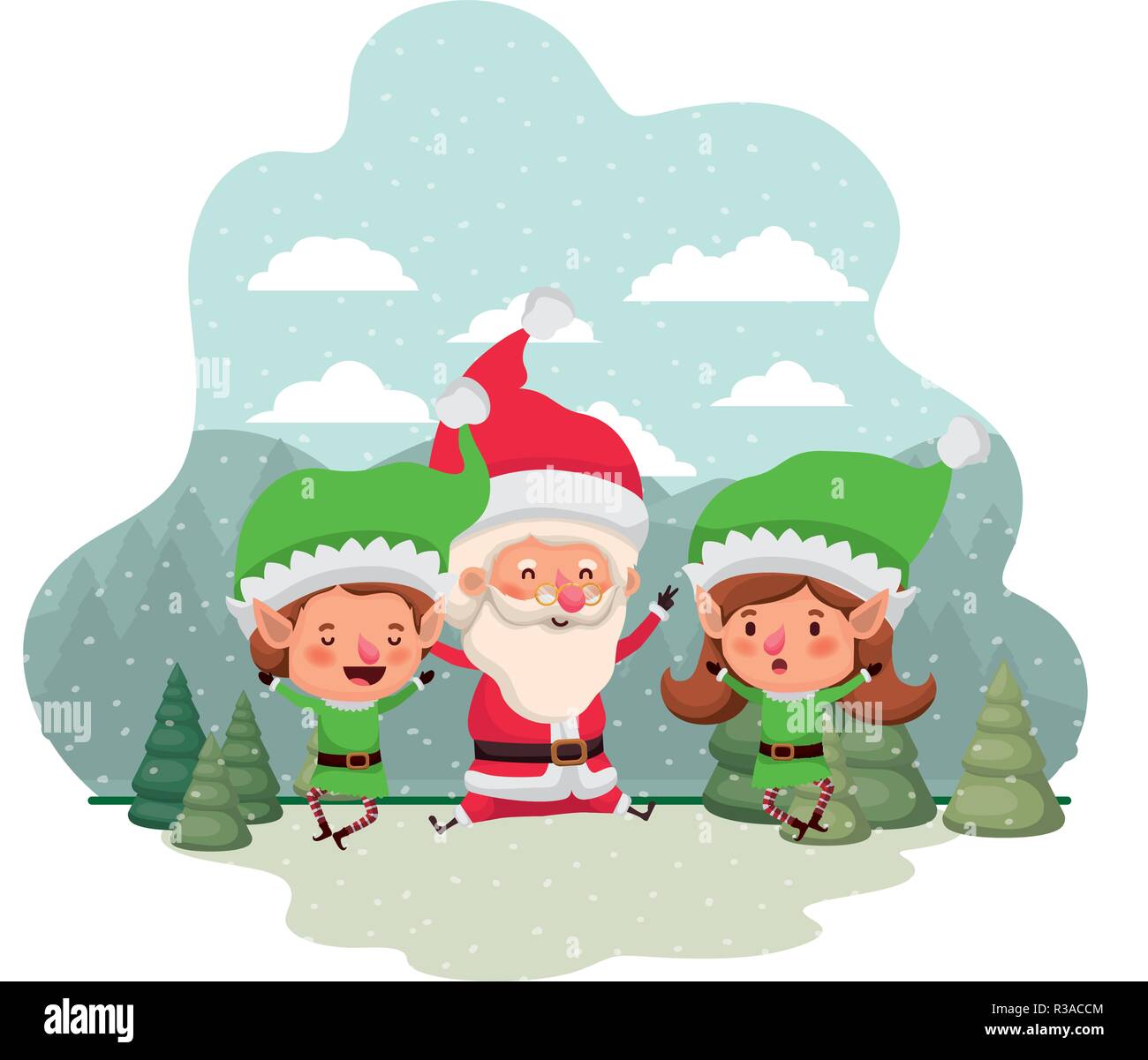 elf couple with santa claus and christmas trees with falling snow ...