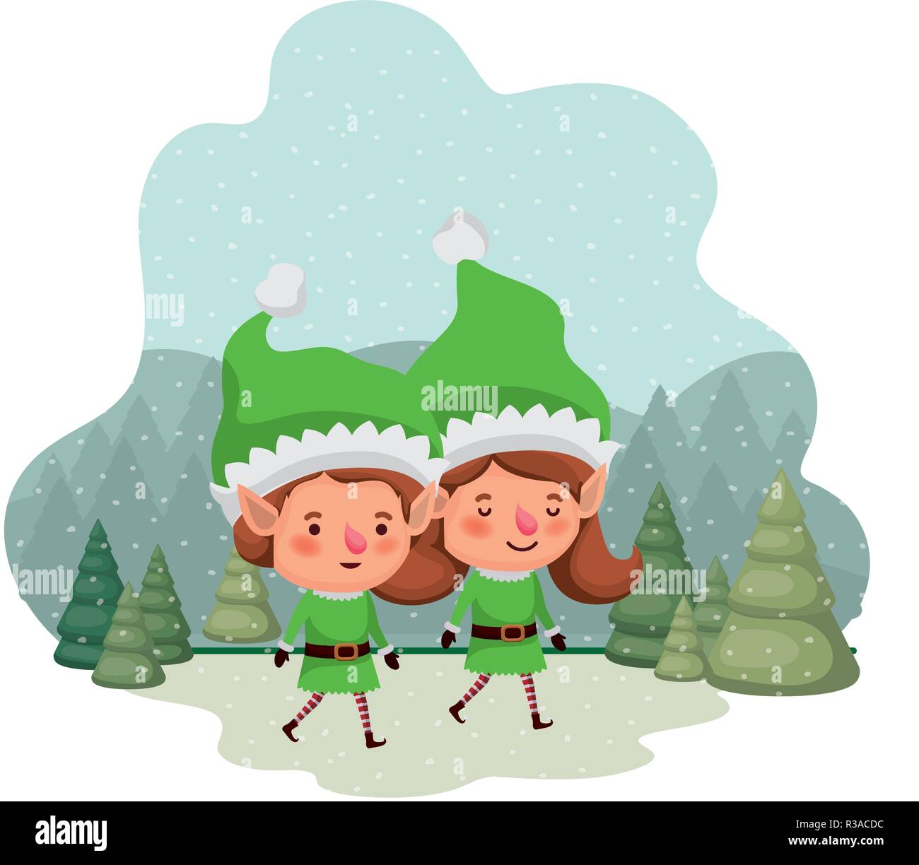 couple of elves moving and christmas trees with falling snow Stock ...