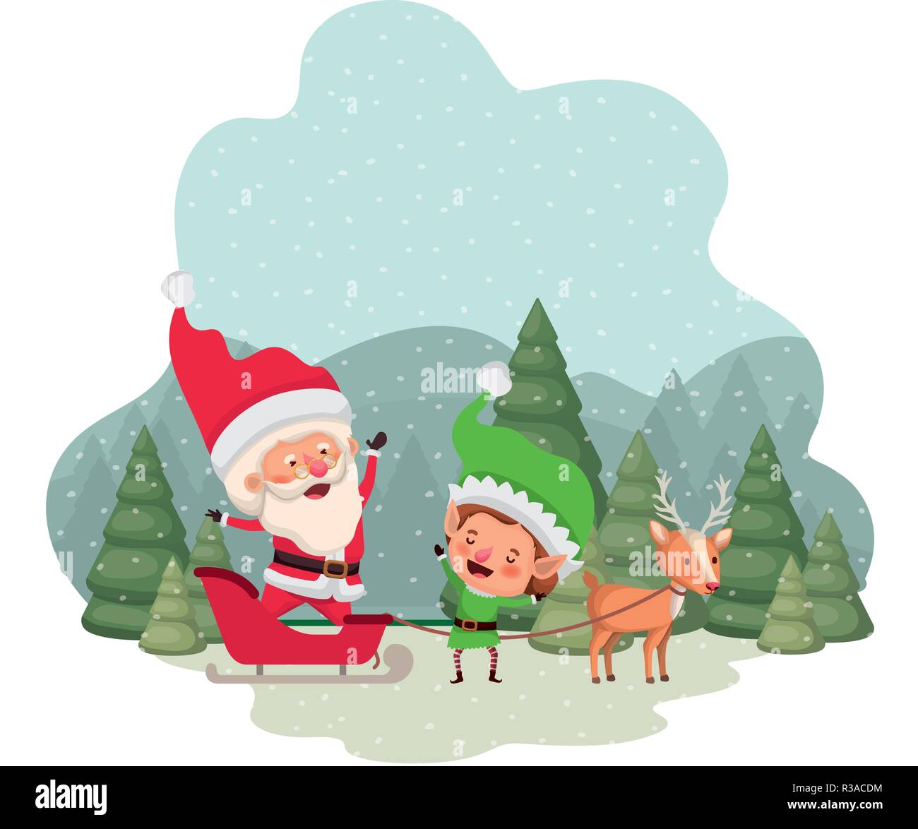 santa claus with elf in sleigh and christmas trees with falling snow ...