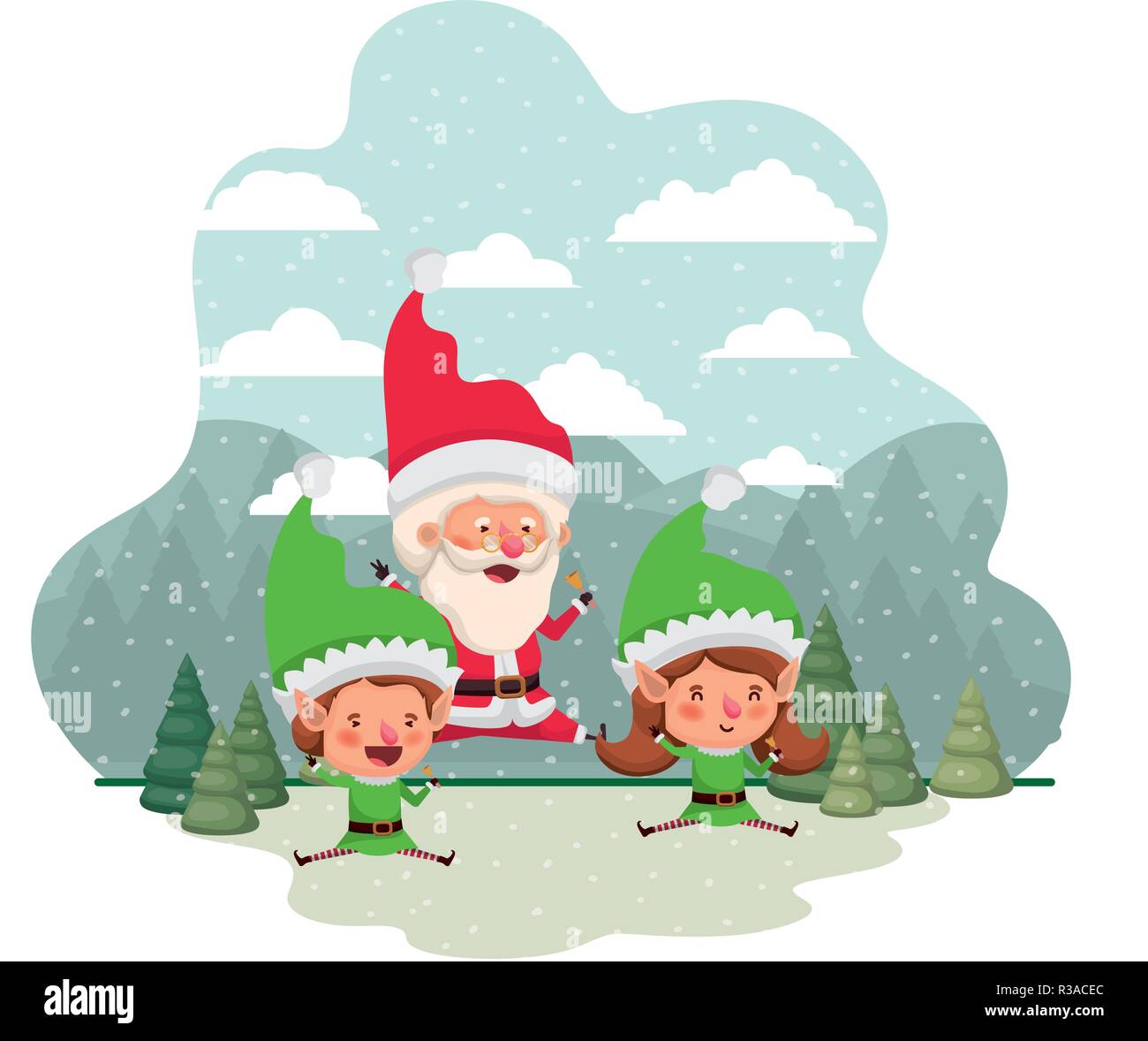 elf couple with santa claus and christmas trees with falling snow ...