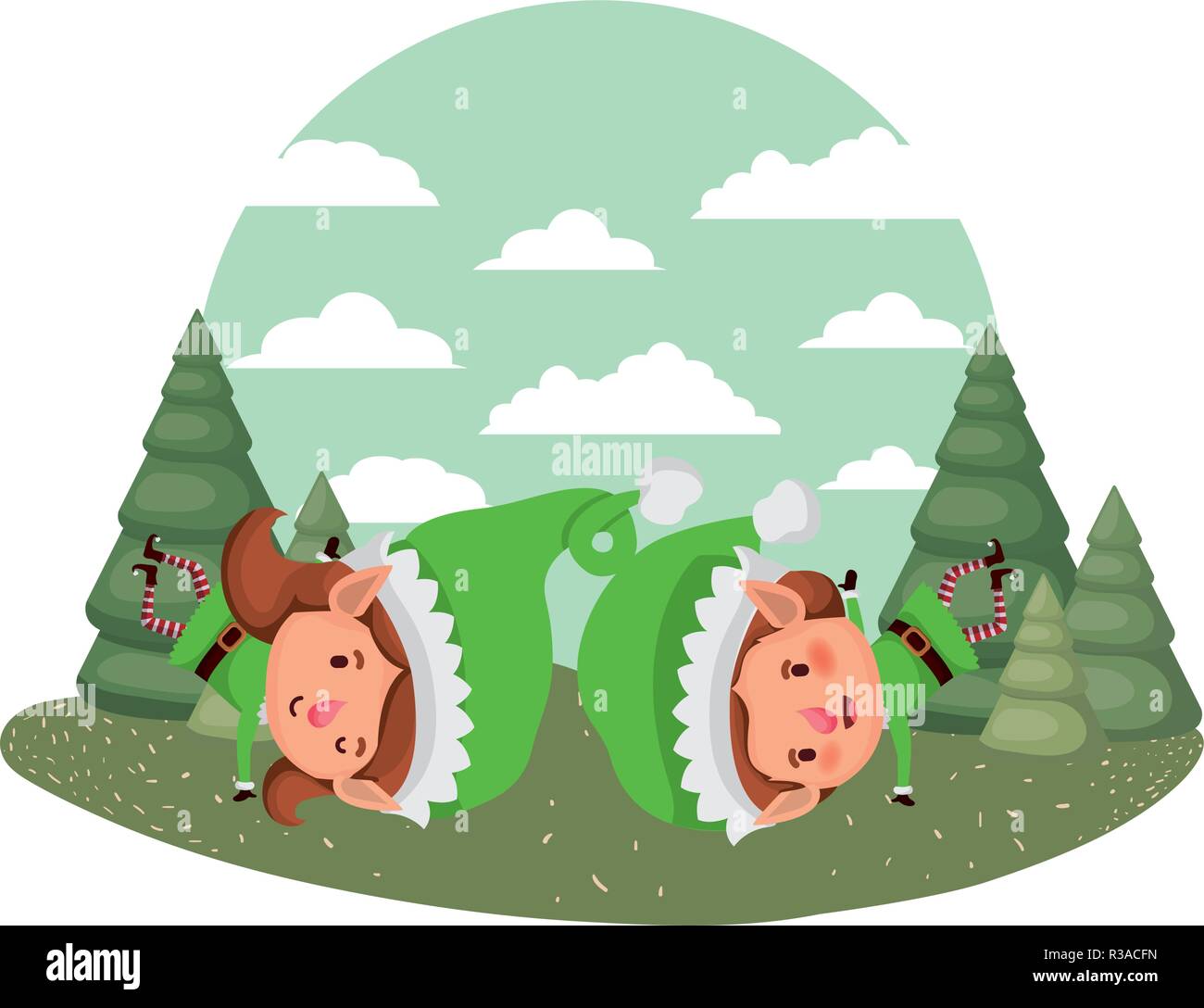 couple of elves moving and christmas trees with falling snow Stock ...