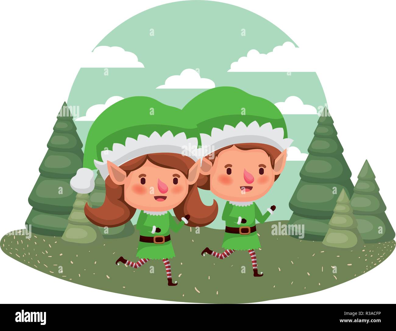 couple of elves moving and christmas trees with falling snow Stock ...
