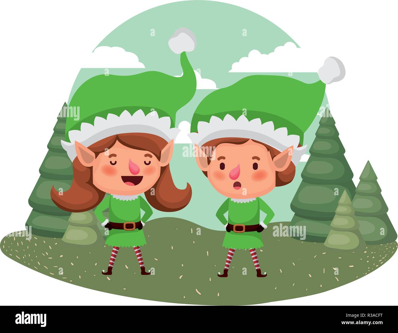 couple of elves moving and christmas trees with falling snow Stock ...