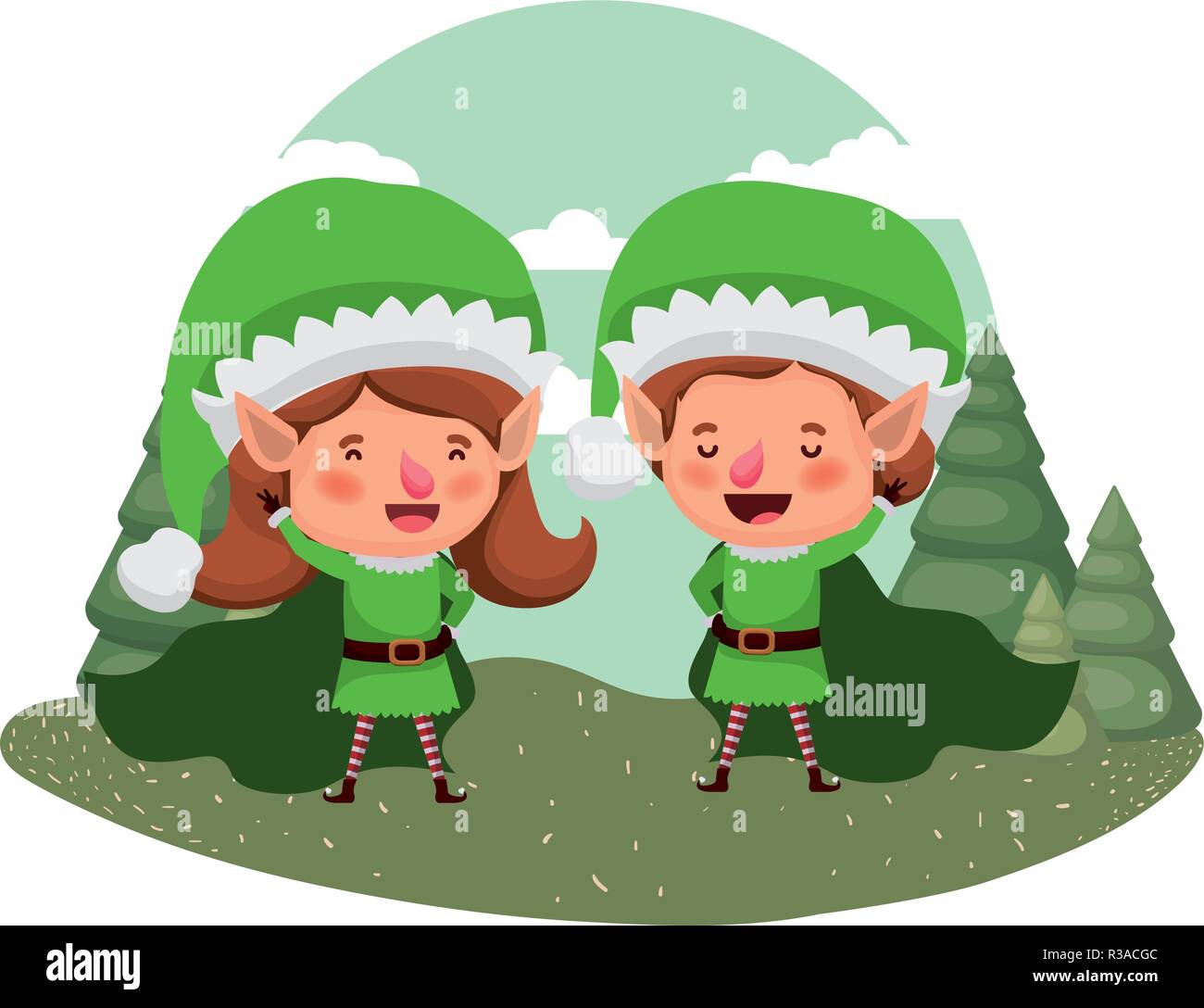 couple of elves moving and christmas trees with falling snow Stock ...