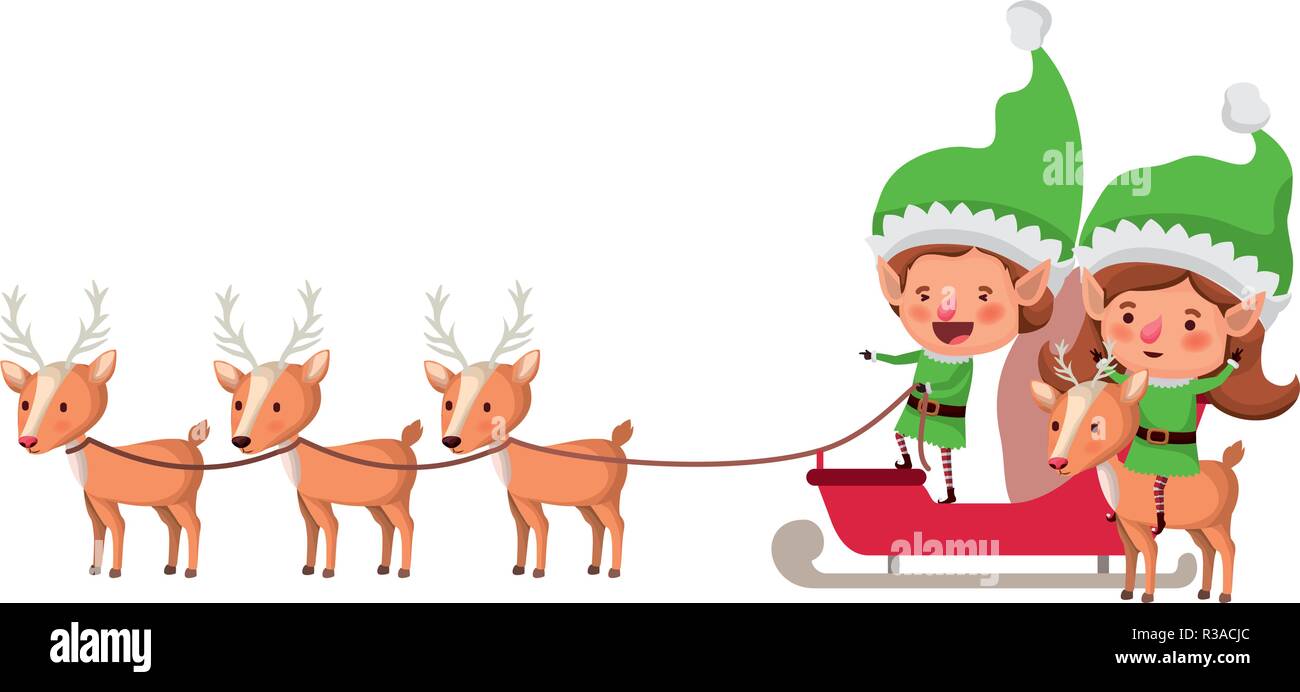 elf couple with sleigh and reindeer sleigh avatar chatacter Stock ...