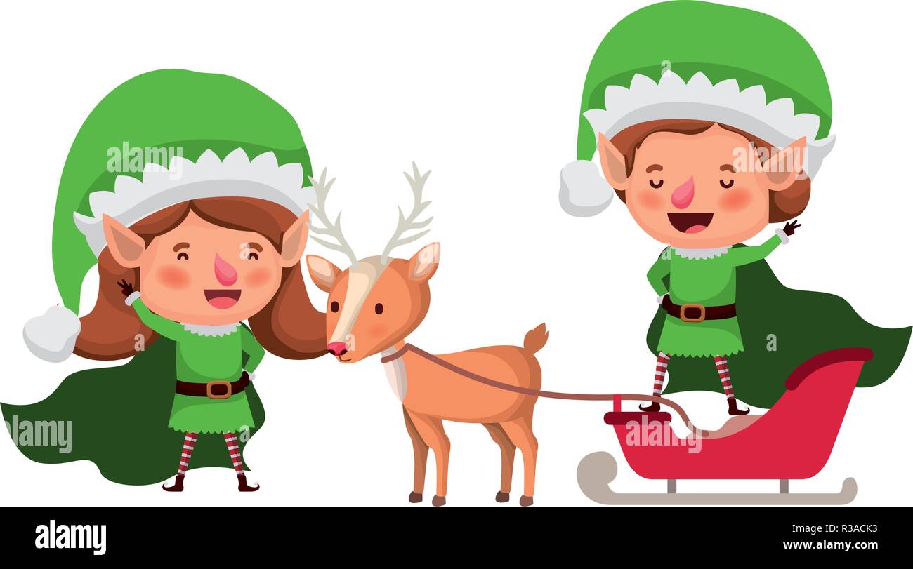 elf couple with sleigh and reindeer sleigh avatar chatacter Stock ...