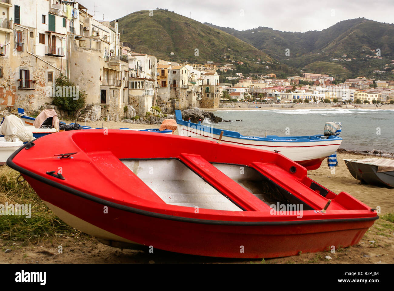 sicilian fishing boat on the beach in cefalu,sicily Stock Photo - Alamy