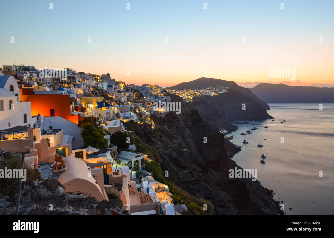 Night scene of Santorini Island, Greece. Santorini is the most popular ...