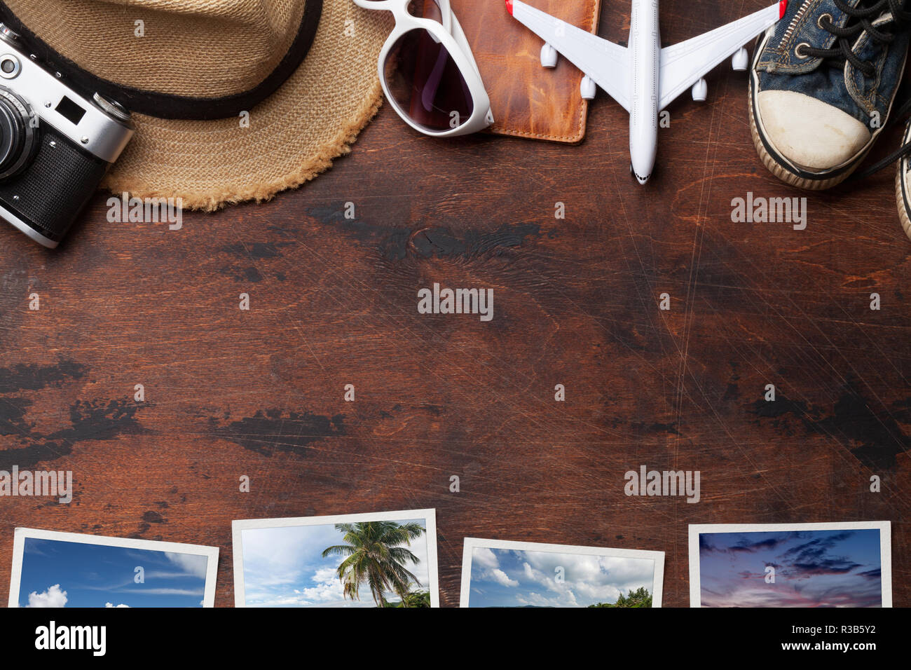 Travel vacation background concept with sunglasses, hat, camera ...