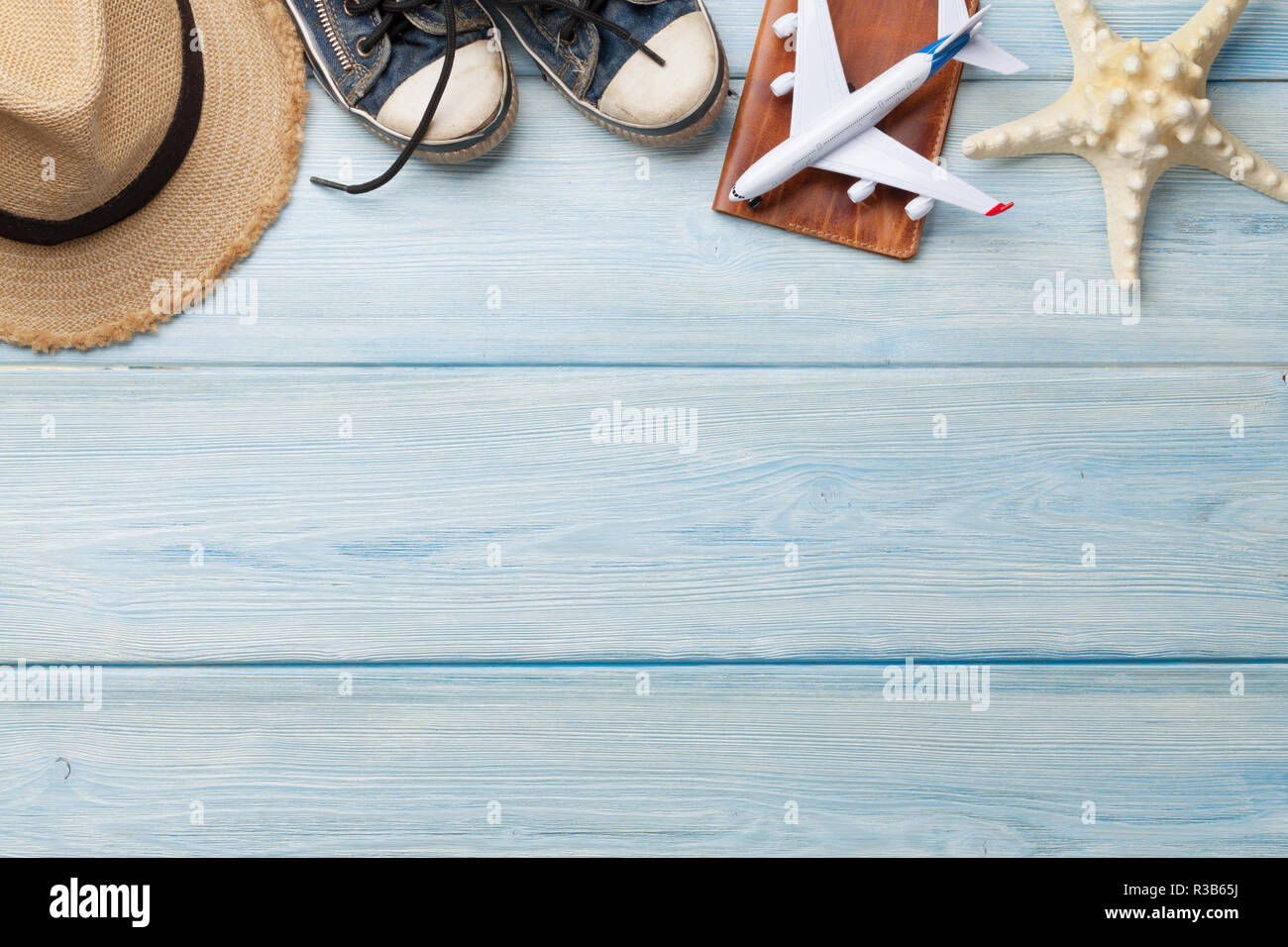Travel vacation background concept with beach hat, passport and ...