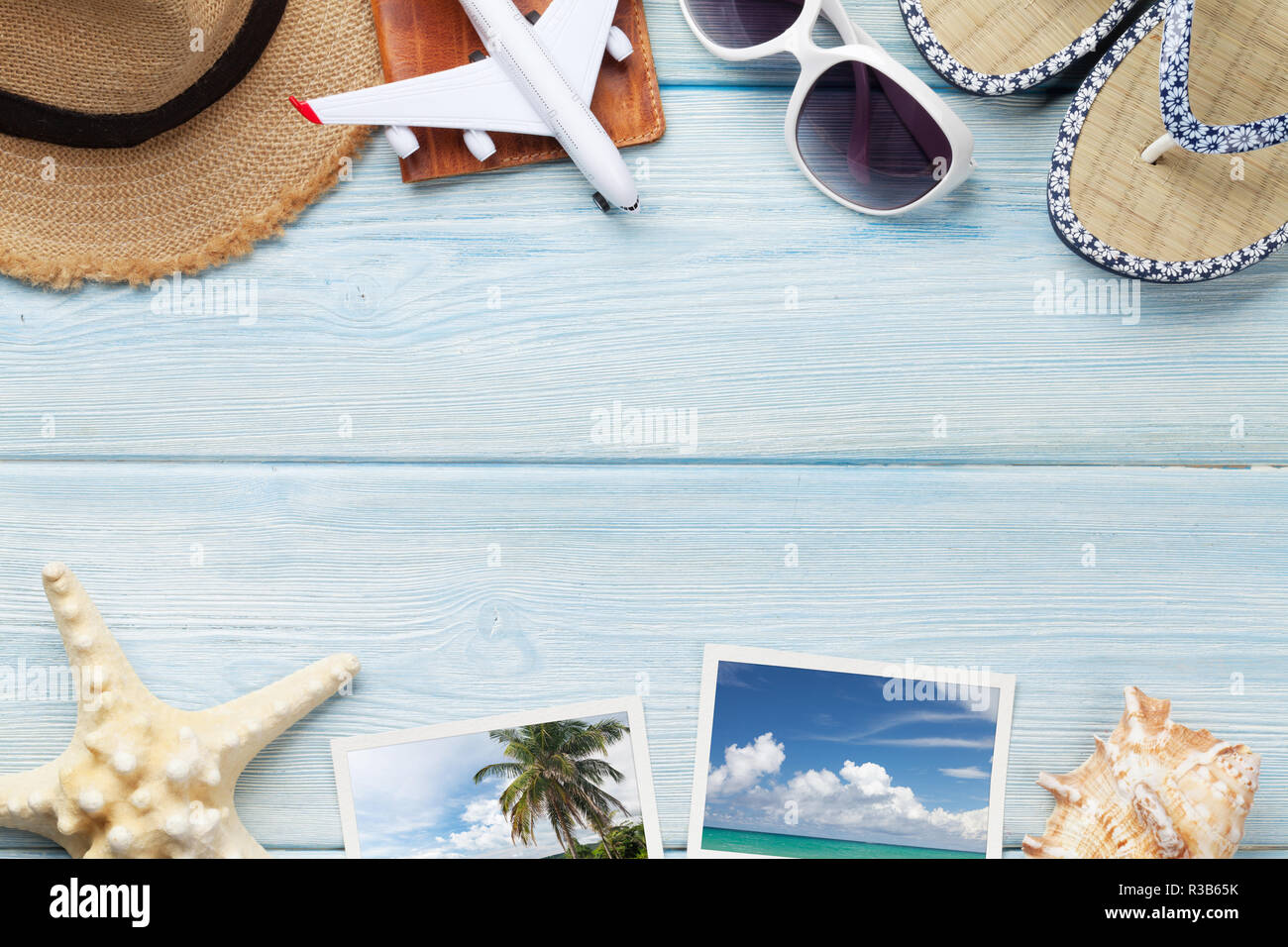 Travel vacation background concept with sunglasses, hat, passport ...