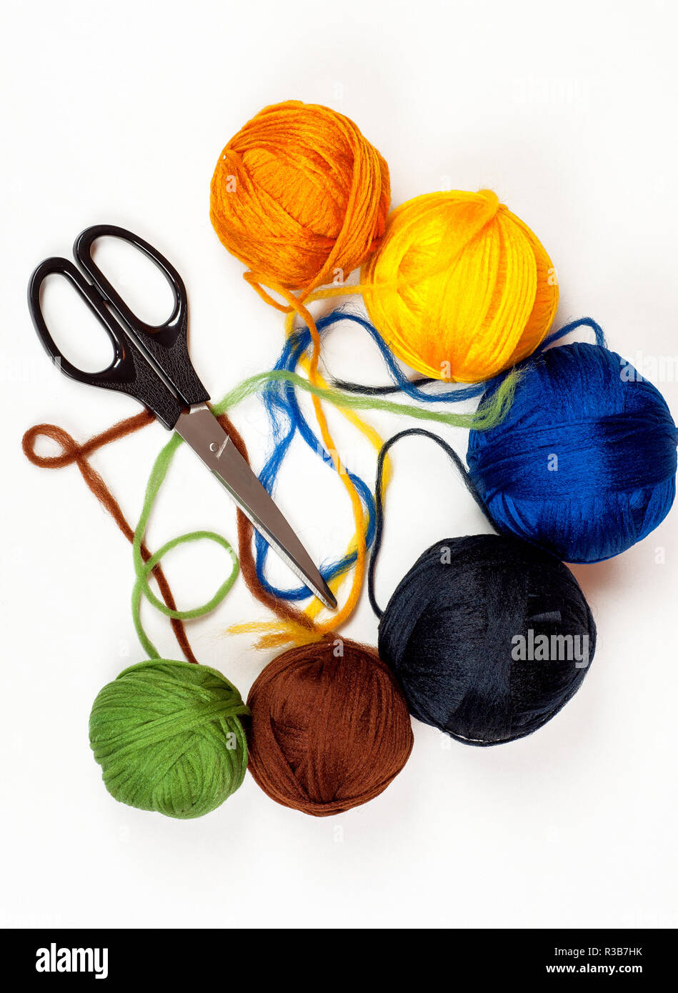 Colorful thread balls and scissors on white background Stock Photo - Alamy