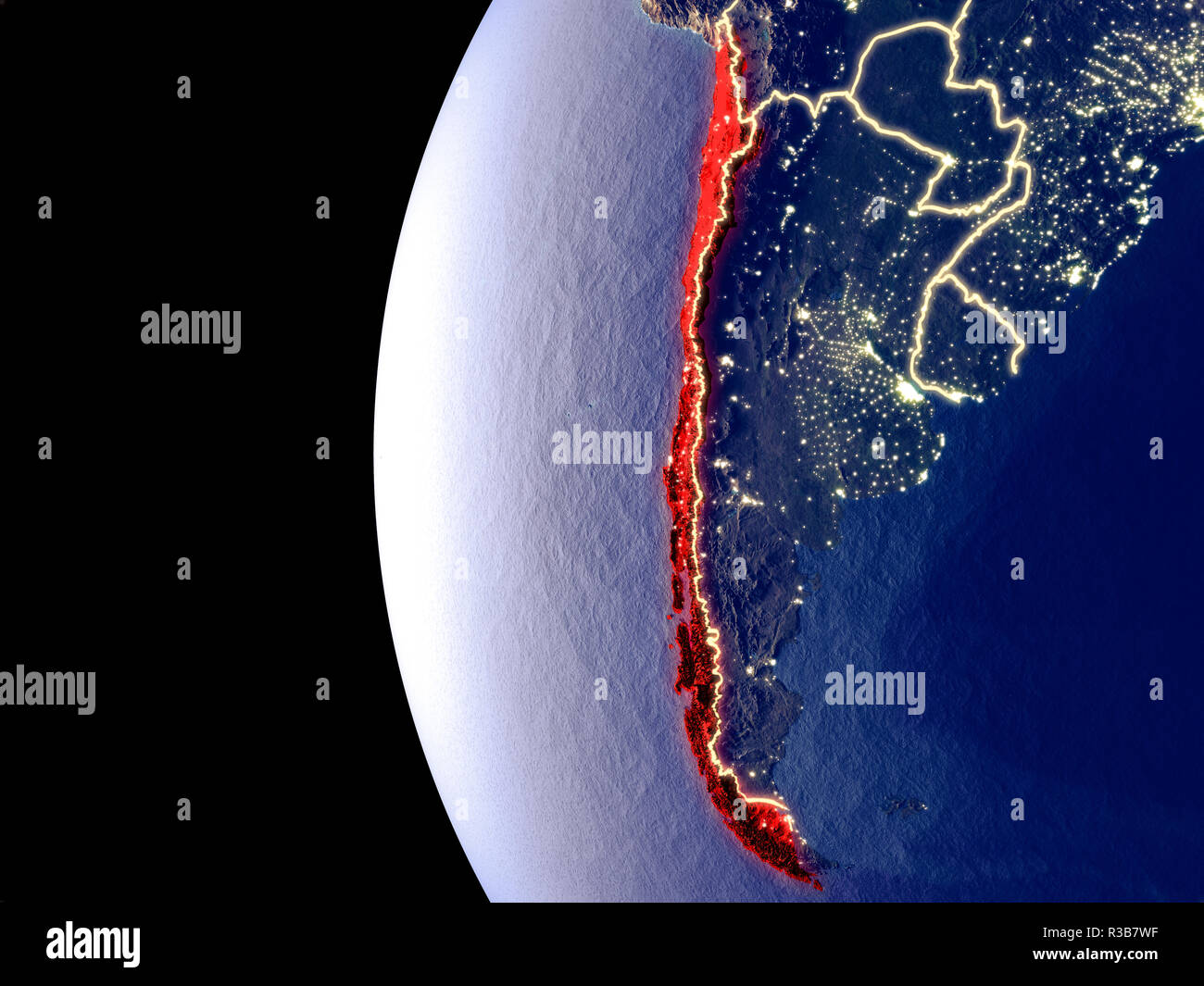 Night view of Chile from space with visible city lights. Very detailed ...
