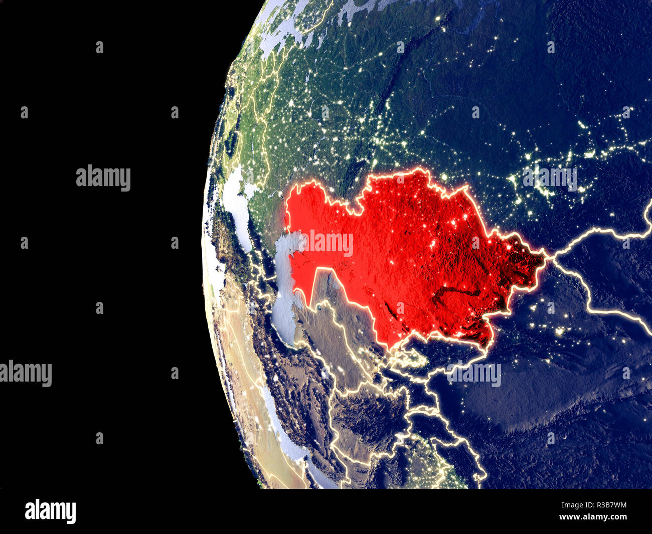 Night view of Kazakhstan from space with visible city lights. Very ...