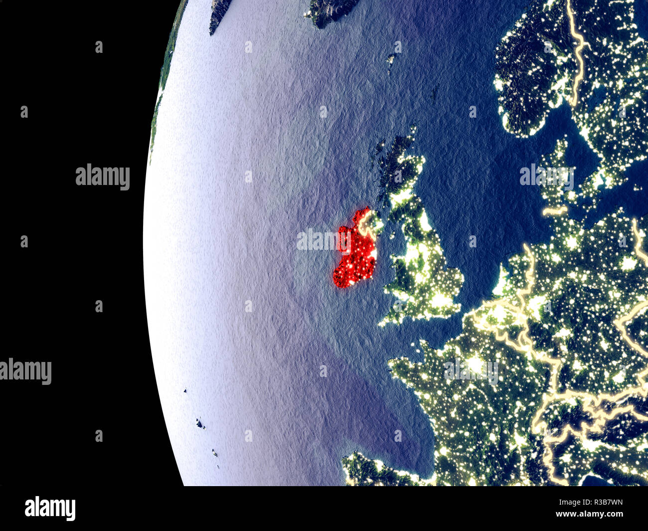 Night view of Ireland from space with visible city lights. Very ...