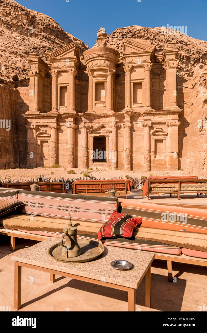 Table with teapot, monastery, rock temple Ad Deir, rock tomb, Nabataean ...