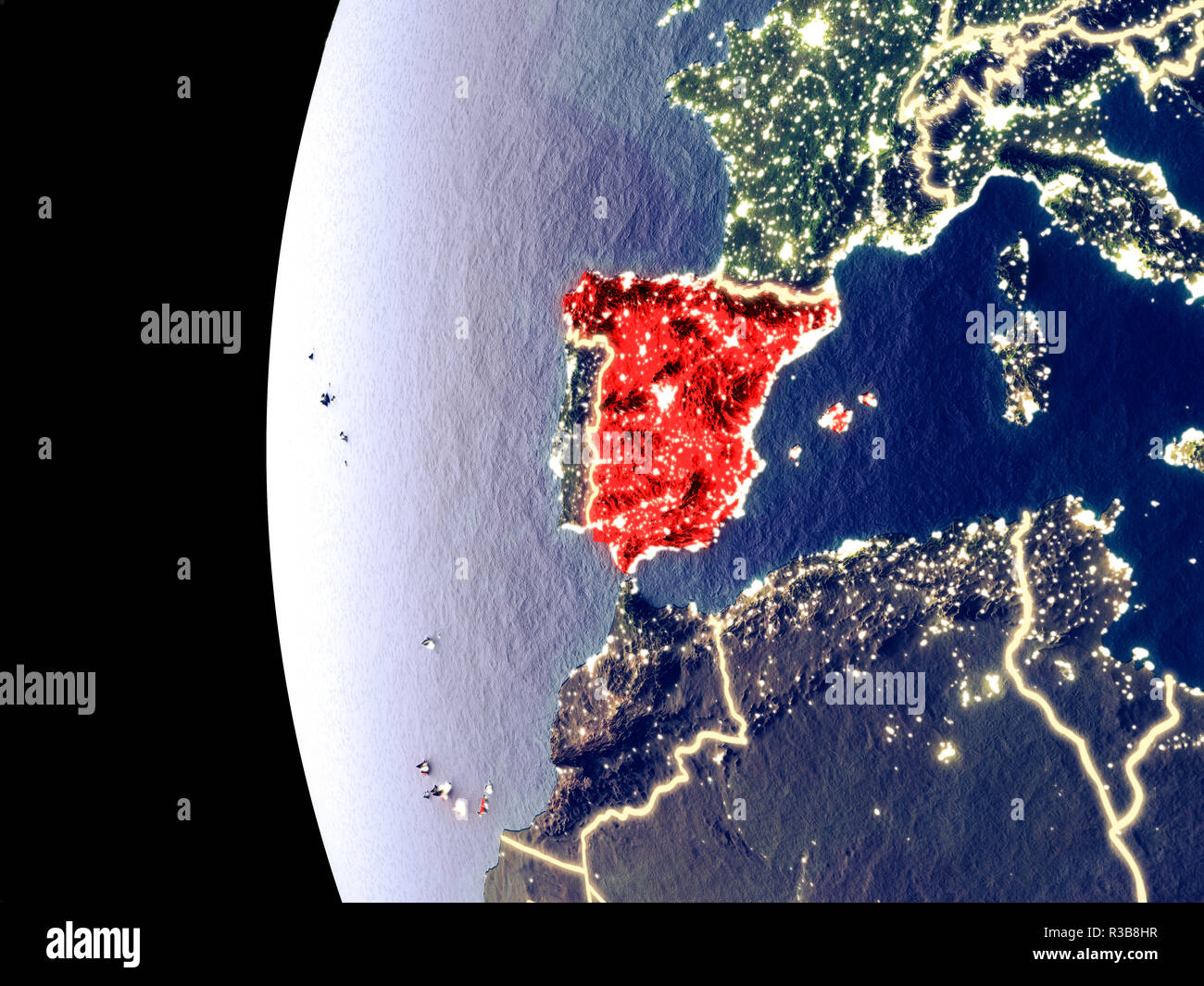 Night view of Spain from space with visible city lights. Very detailed ...