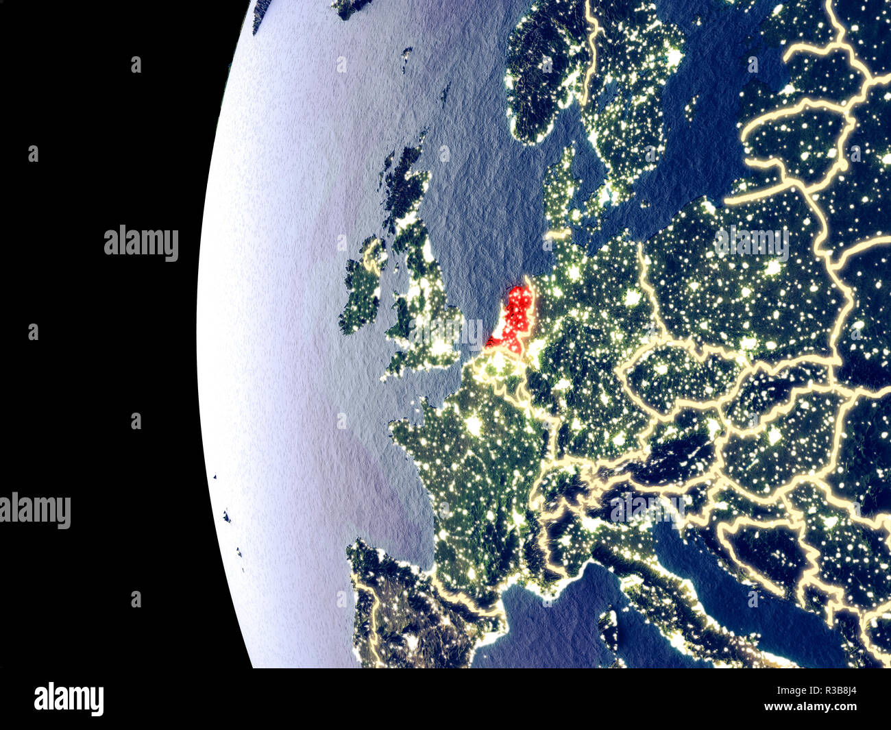 Night view of Netherlands from space with visible city lights. Very ...