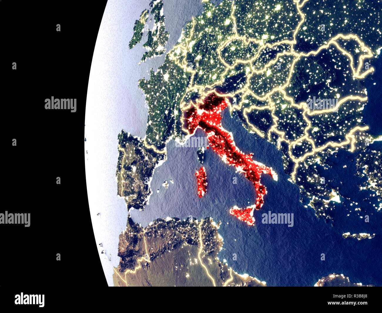 Night view of Italy from space with visible city lights. Very detailed ...