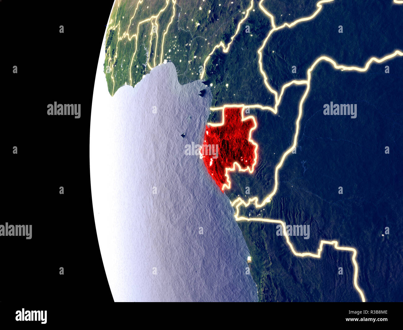 Night view of Gabon from space with visible city lights. Very detailed ...