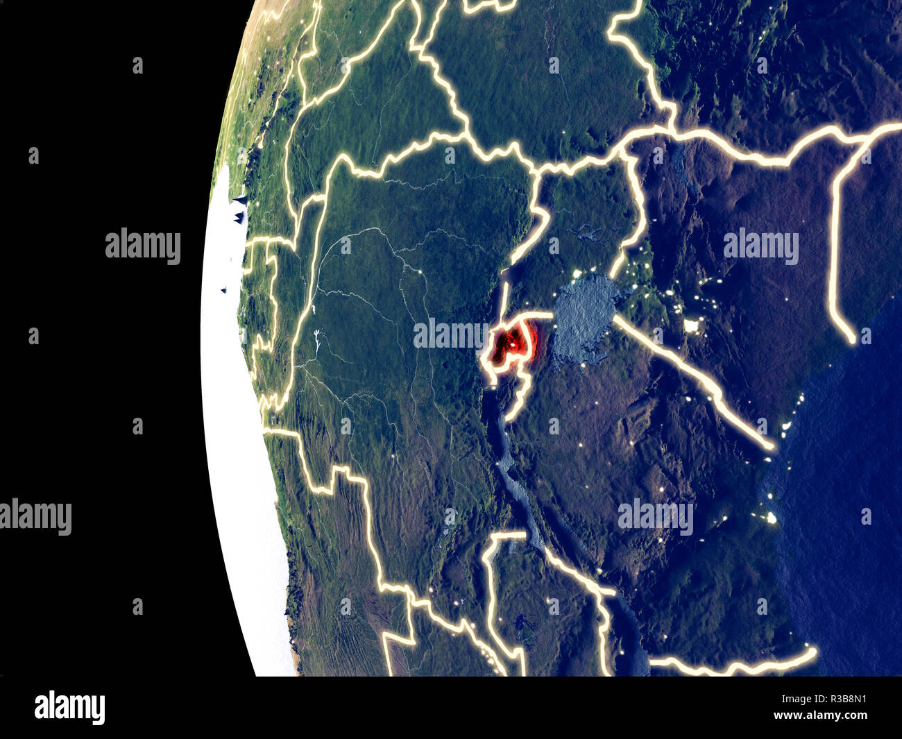 Night view of Rwanda from space with visible city lights. Very detailed ...