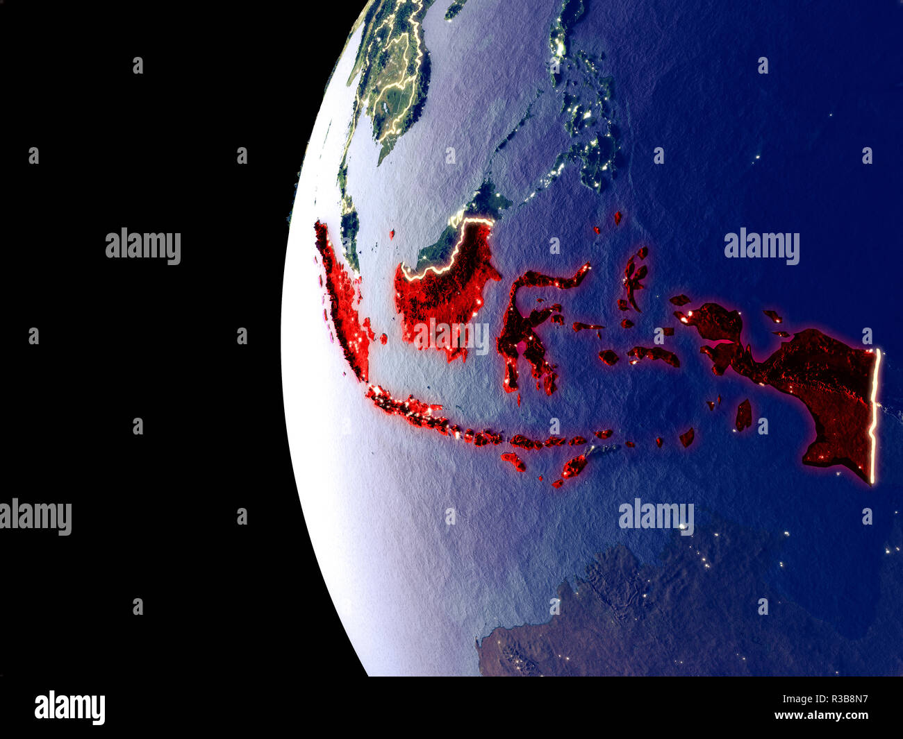 Night view of Indonesia from space with visible city lights. Very ...