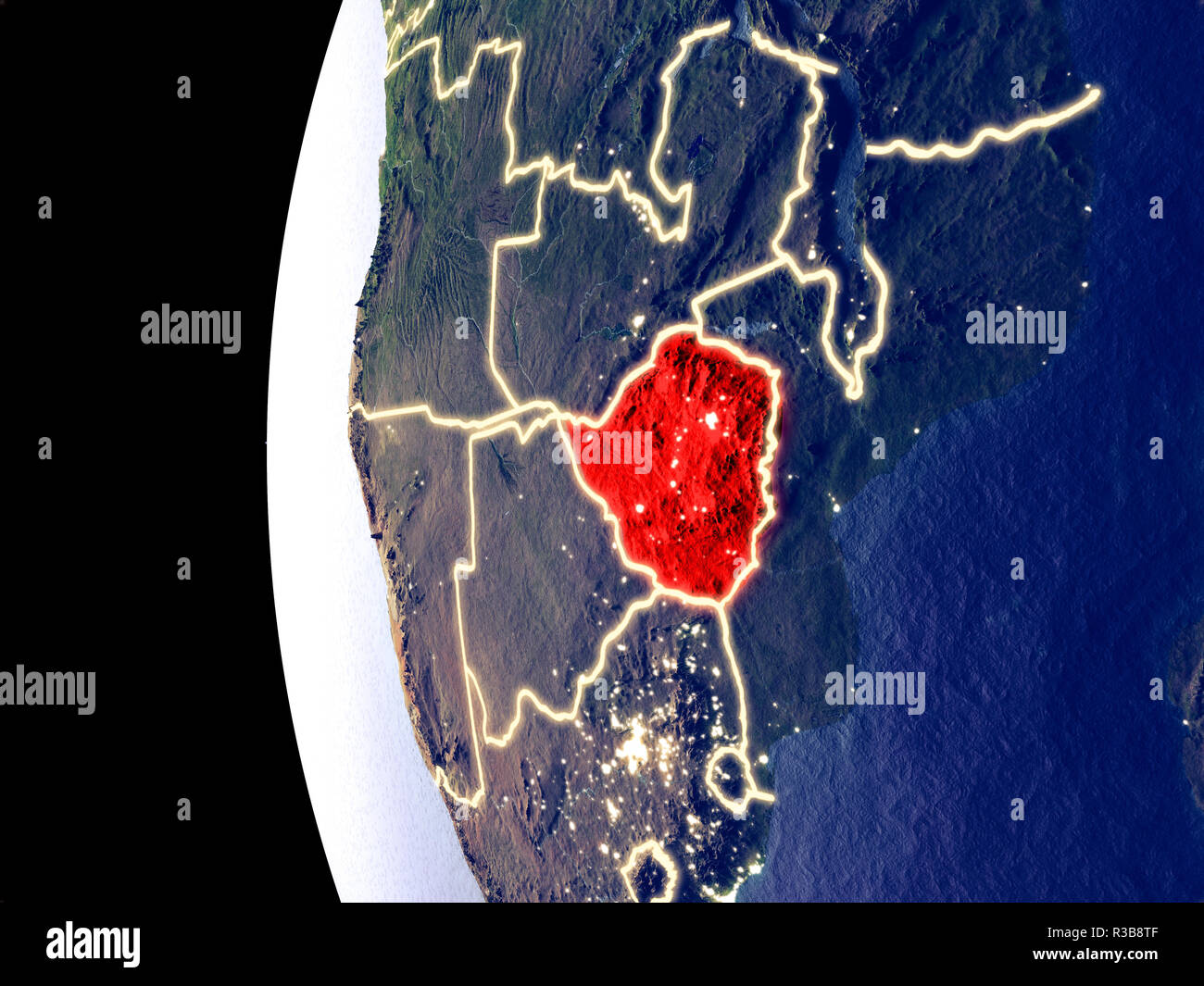 Night view of Zimbabwe from space with visible city lights. Very ...