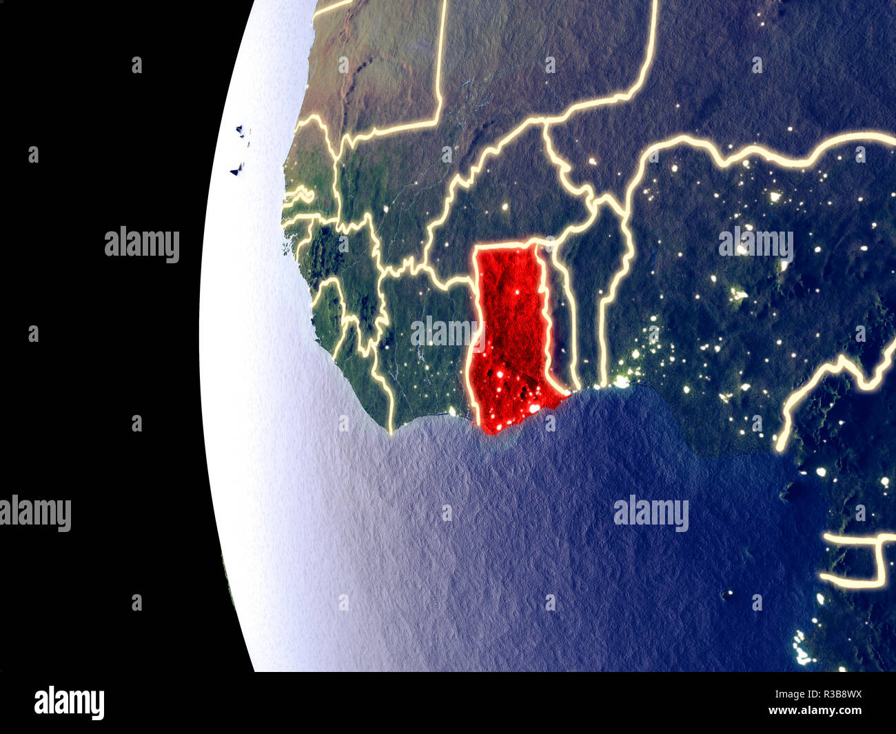 Night view of Ghana from space with visible city lights. Very detailed ...